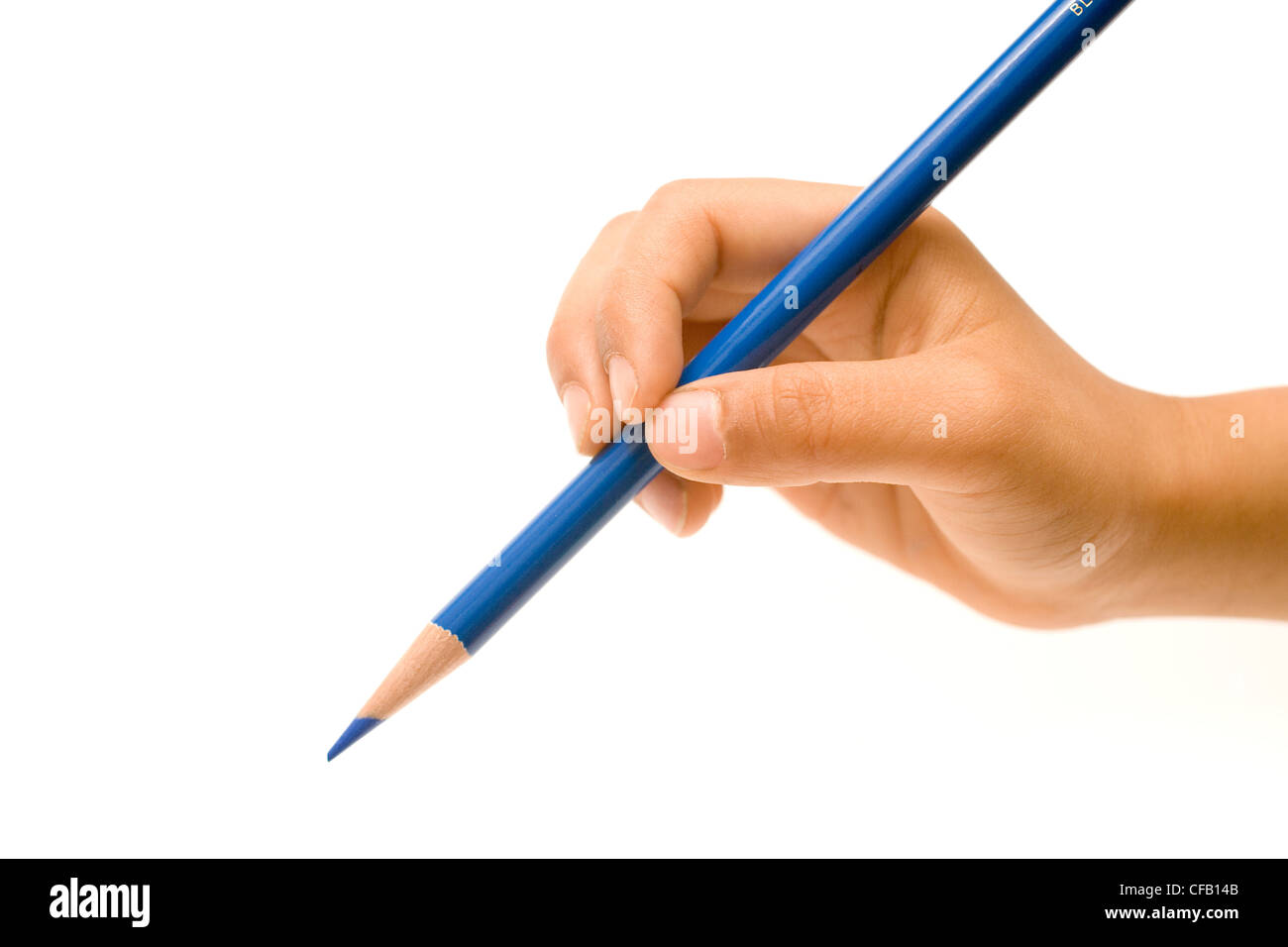 Hand holding sharpened blue pencil crayon isolated on white Stock Photo ...