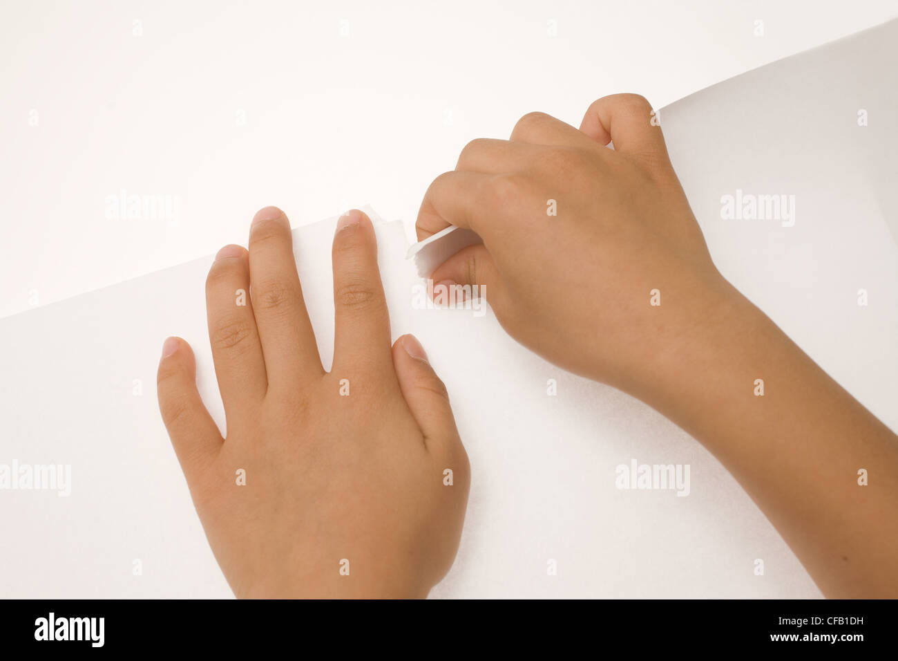 Hands tearing a precut sheet of blue paper isolated on white Stock ...