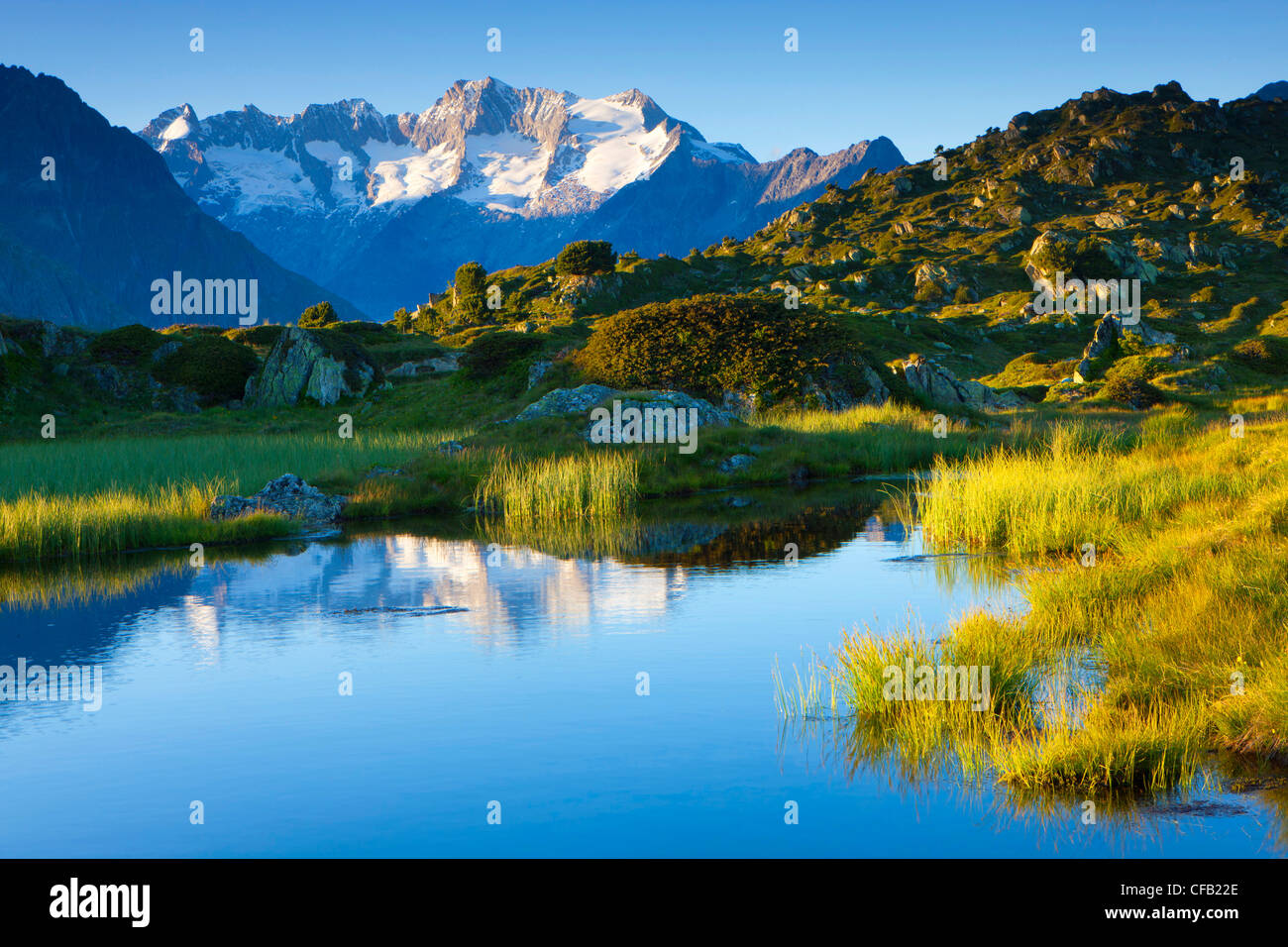 Moosfluh, Switzerland, Valais, Aletsch area, pool, puddle, evening ...