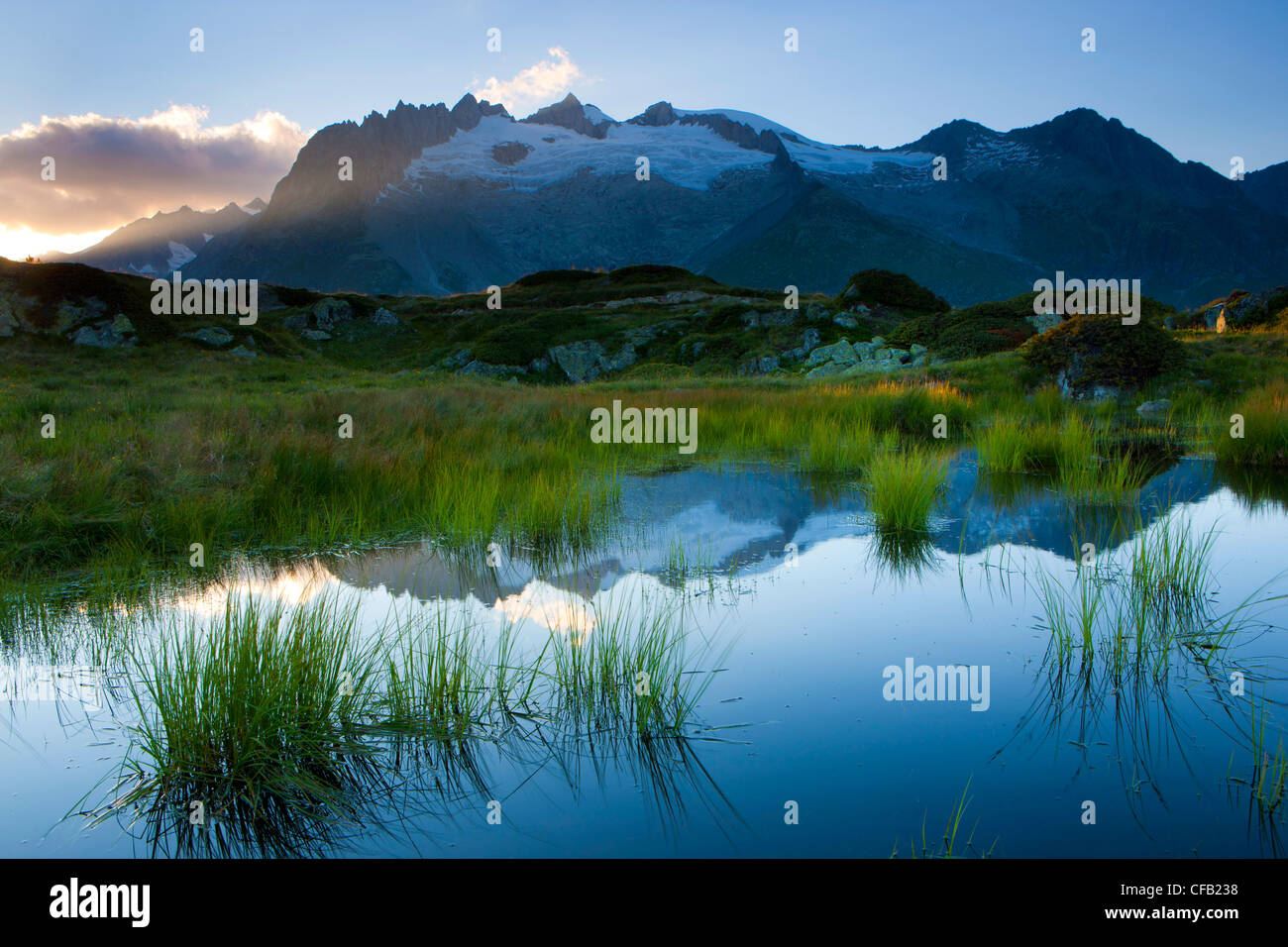Moosfluh, Switzerland, Valais, Aletsch area, pool, puddle, evening ...