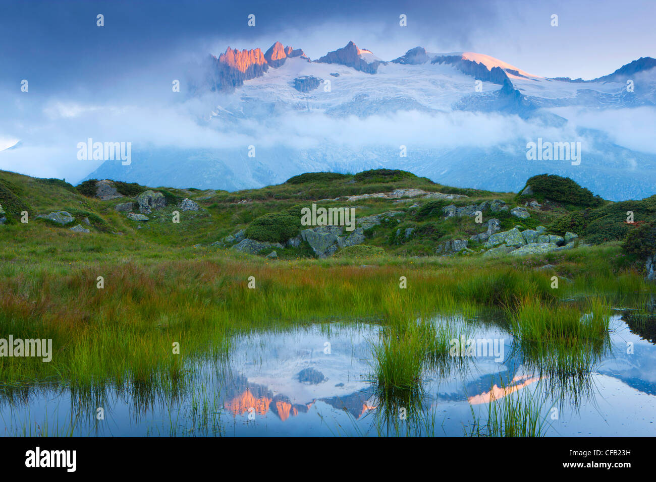 Moosfluh, Switzerland, Valais, Aletsch area, pool, puddle, morning ...