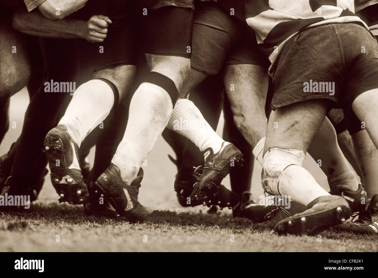 Detail of the feet of a group of ruby players in a scrum Stock Photo ...