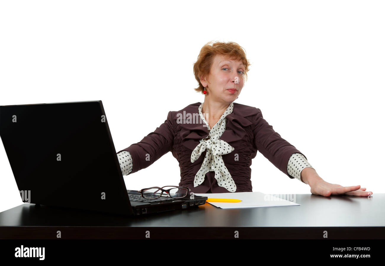 middle-aged woman at a computer on a white background Stock Photo - Alamy