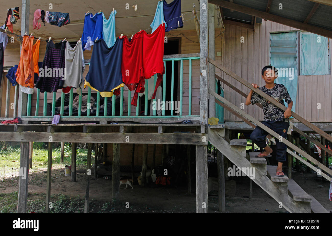 Boy in a traditional native Iban and Dayak family in a longhouse in ...