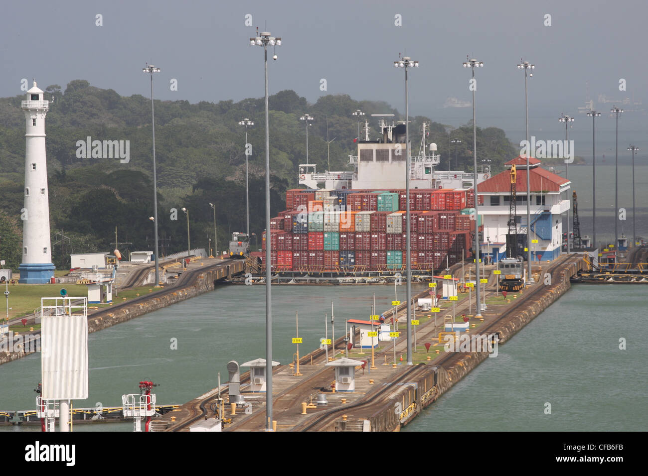 Container ship headed toward the Atlantic through the Gatun locks of ...