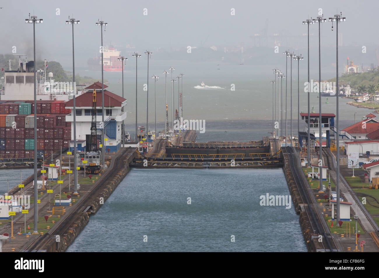 The Gatun locks on the Panama Canal as viewed from the upper lock ...