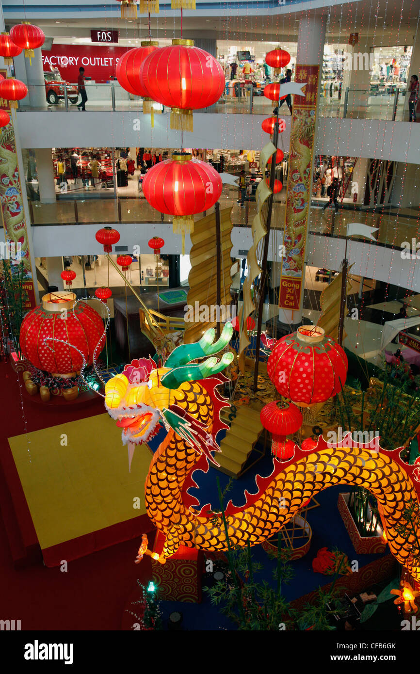 Chinese lanterns and dragon at a shopping mall in Borneo, malaysia ...