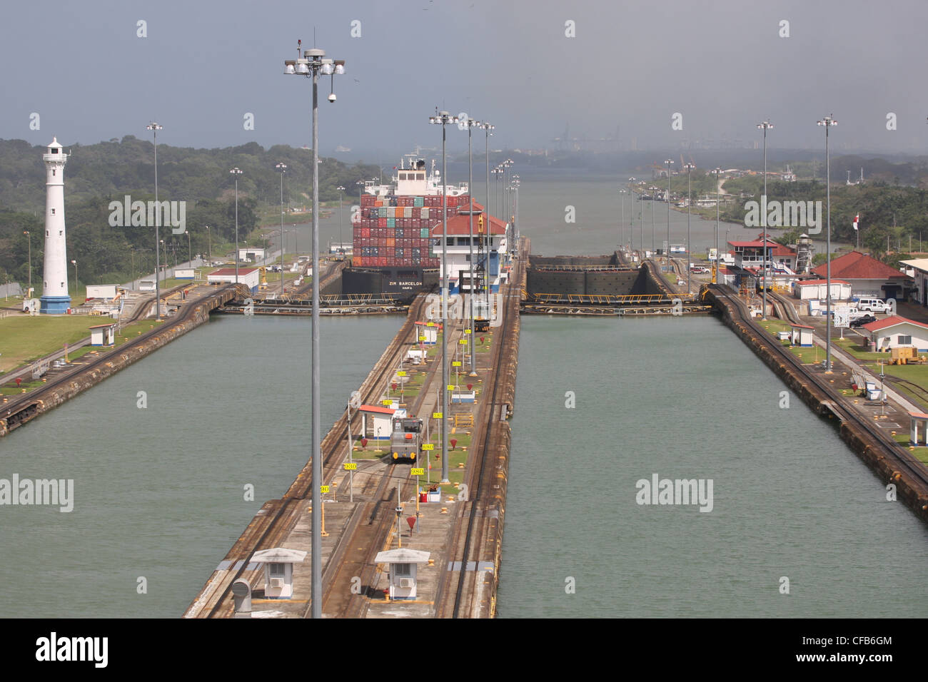 Container ship Zim Barcelona passing through the Gatun Locks at Panama ...