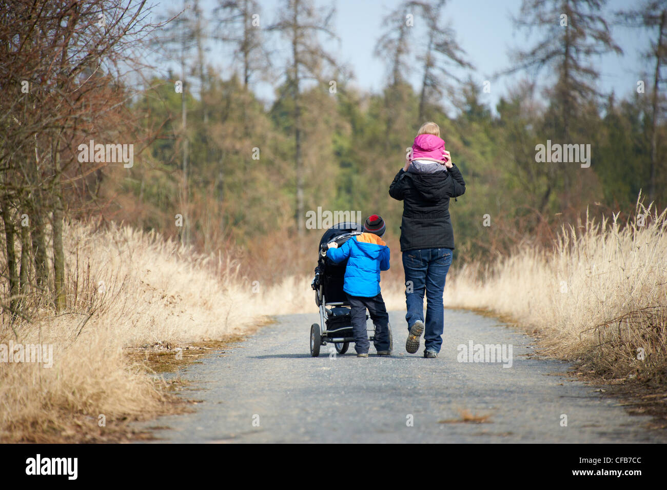 Mother with 5 years old child son and daughter in pram walking ...