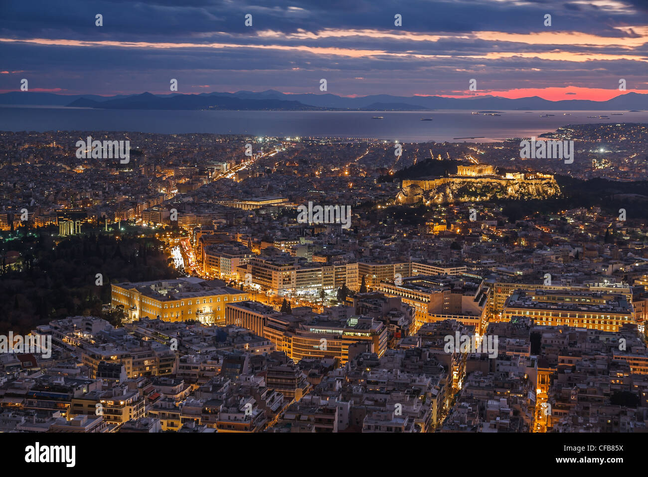 Athens skyline aerial view in the afternoon with the lights over blue ...