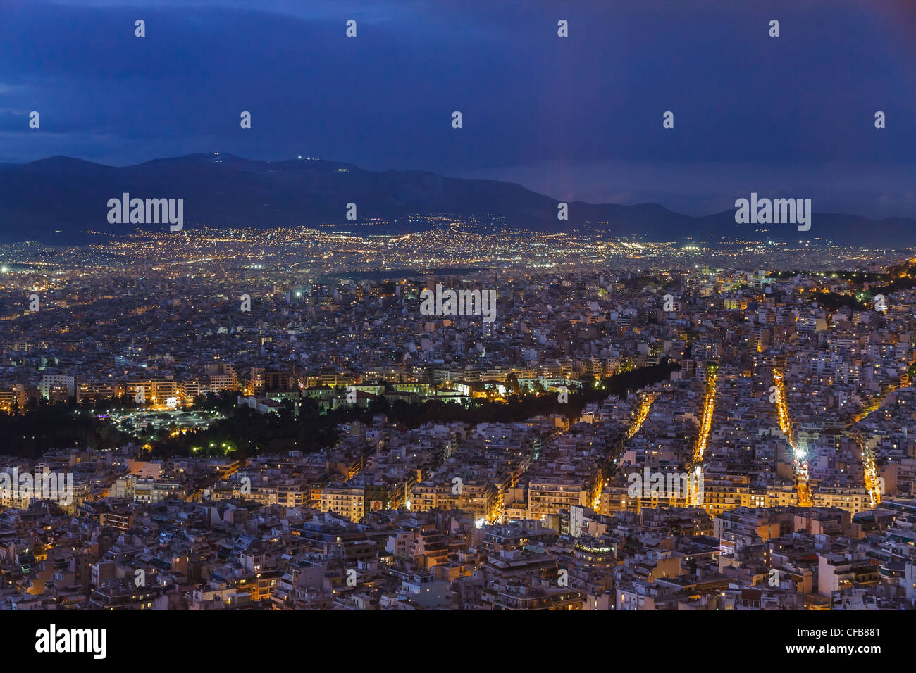 Athens skyline aerial view in the afternoon with the lights over blue ...