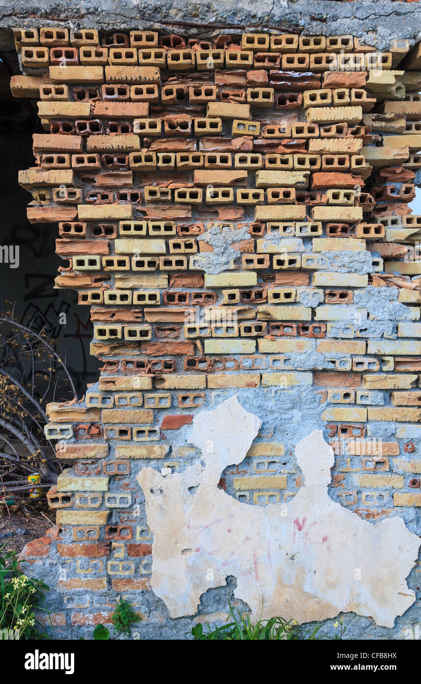 Old abandoned brick house ruins in Greece, ruined brick wall detail ...
