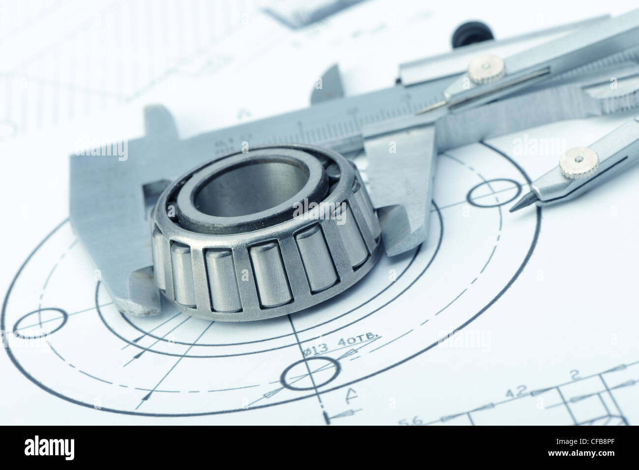 The plan industrial details, a protractor, caliper, divider and bearing ...