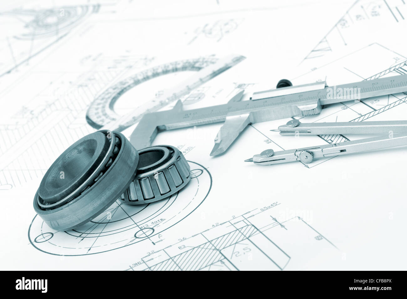 The plan industrial details, a protractor, caliper, divider and bearing ...
