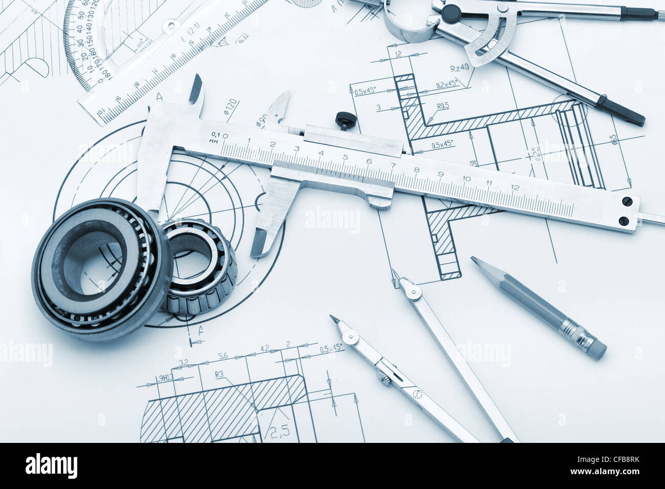 The plan industrial details, a protractor, caliper, divider and bearing ...