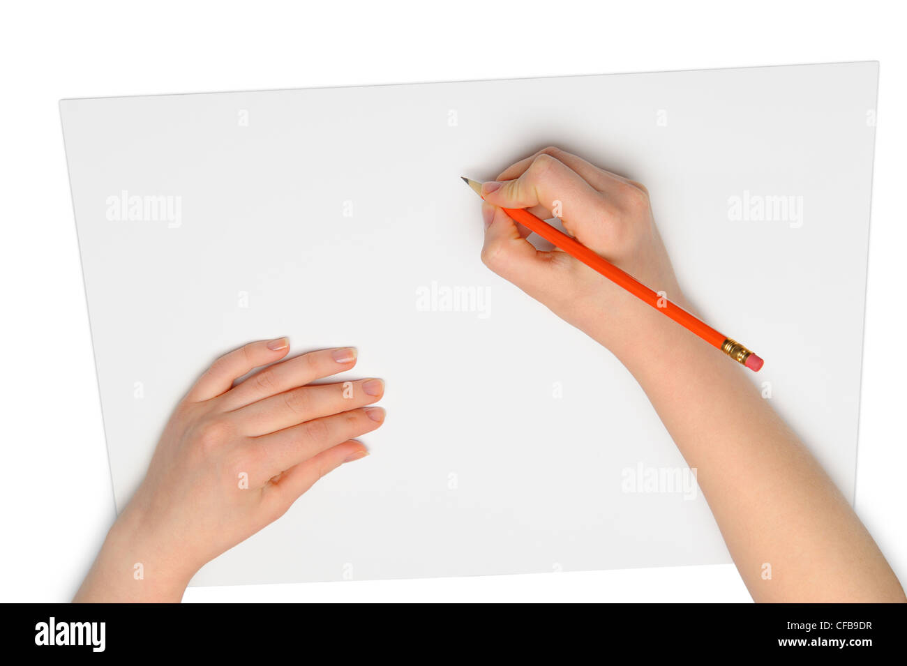 Hand with pencil. Over grey empty a paper. Imitation to write Stock ...