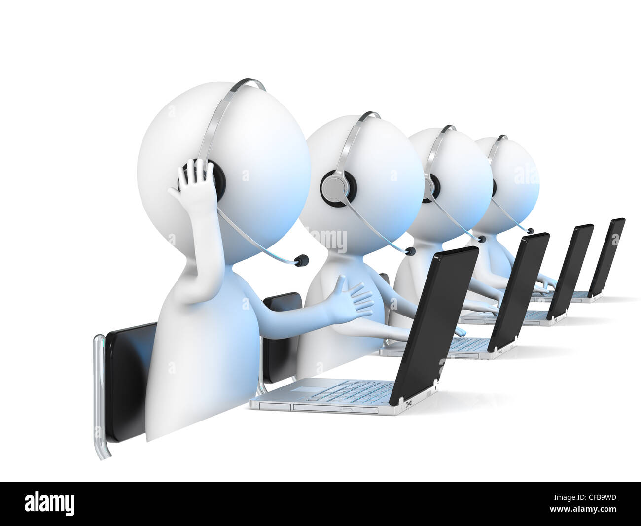 3D little human character X 4 in a Call Center. White background ...