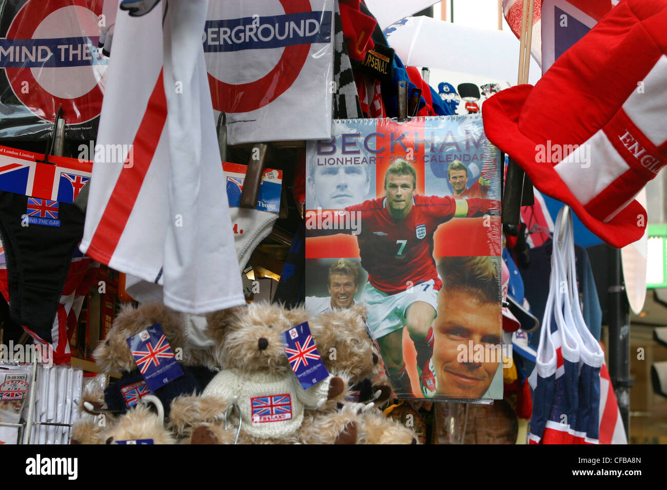 English souvenirs including Union Jack flag clothes, hats and bears ...