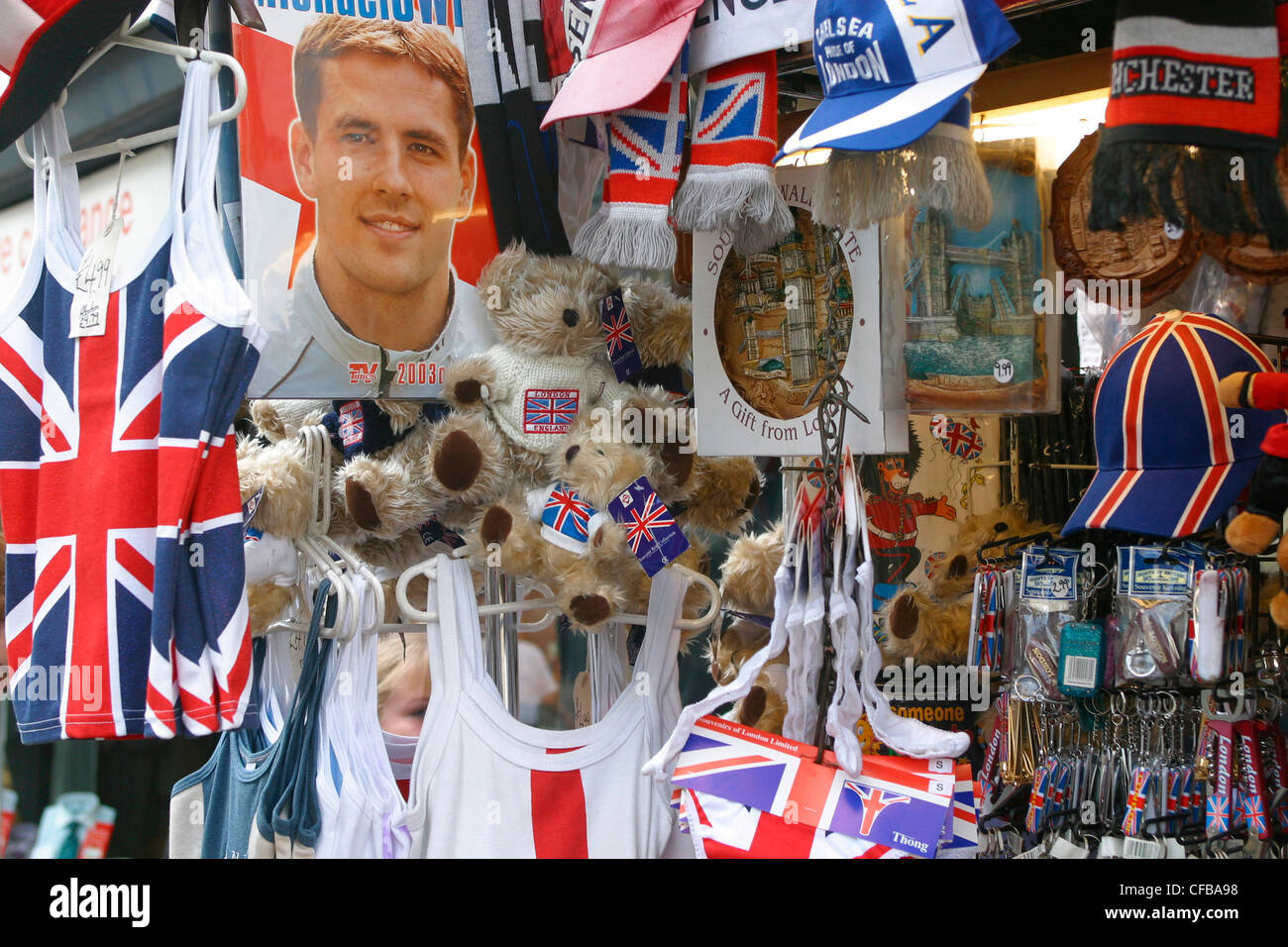 English souvenirs including Union Jack flag clothes, hats and bears ...