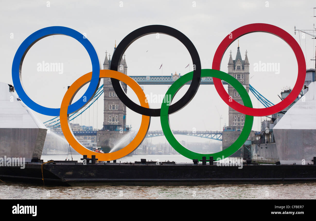 Large Olympic rings, 11m high by 25m wide are floated down the River ...
