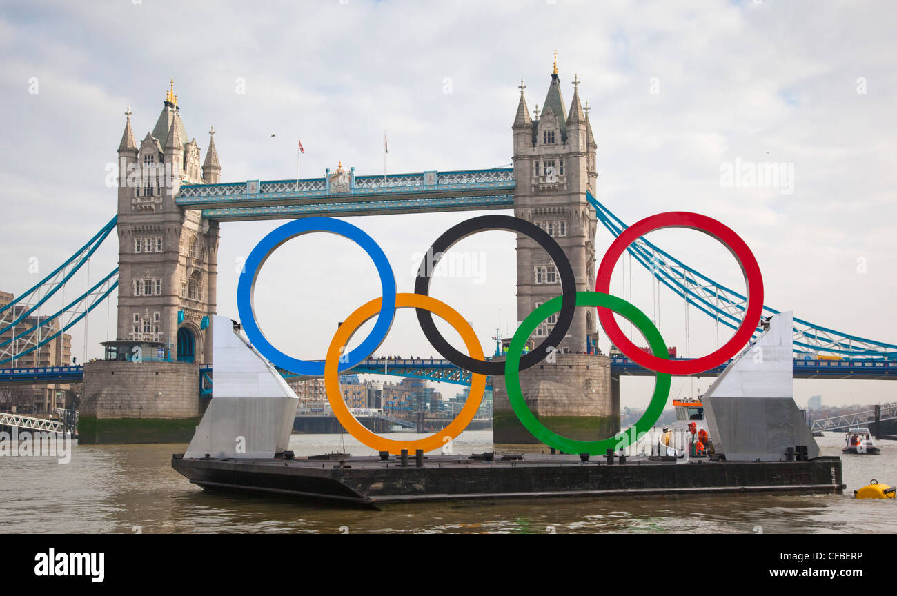 Large Olympic rings, 11m high by 25m wide are floated down the River ...
