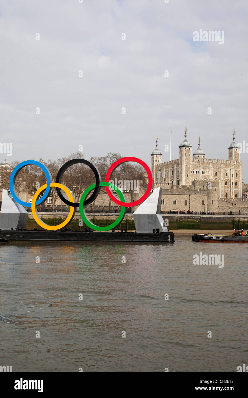 Large Olympic rings, 11m high by 25m wide are floated down the River ...