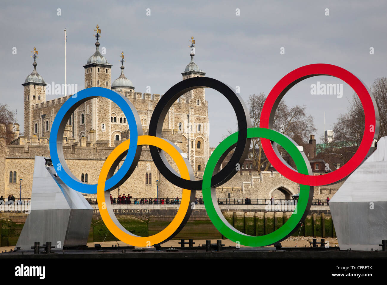 Large Olympic rings, 11m high by 25m wide are floated down the River ...