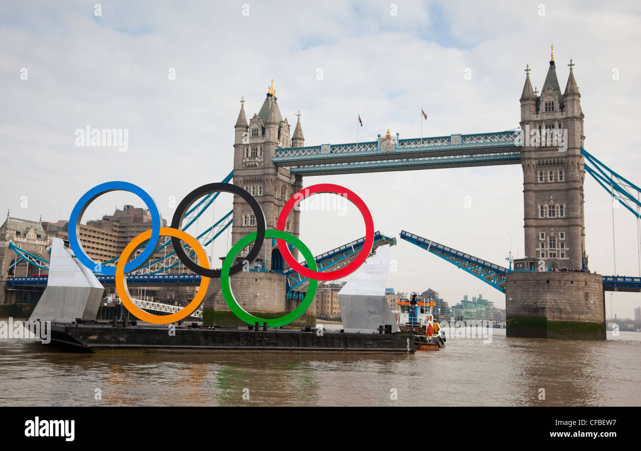 Large Olympic rings, 11m high by 25m wide are floated down the River ...