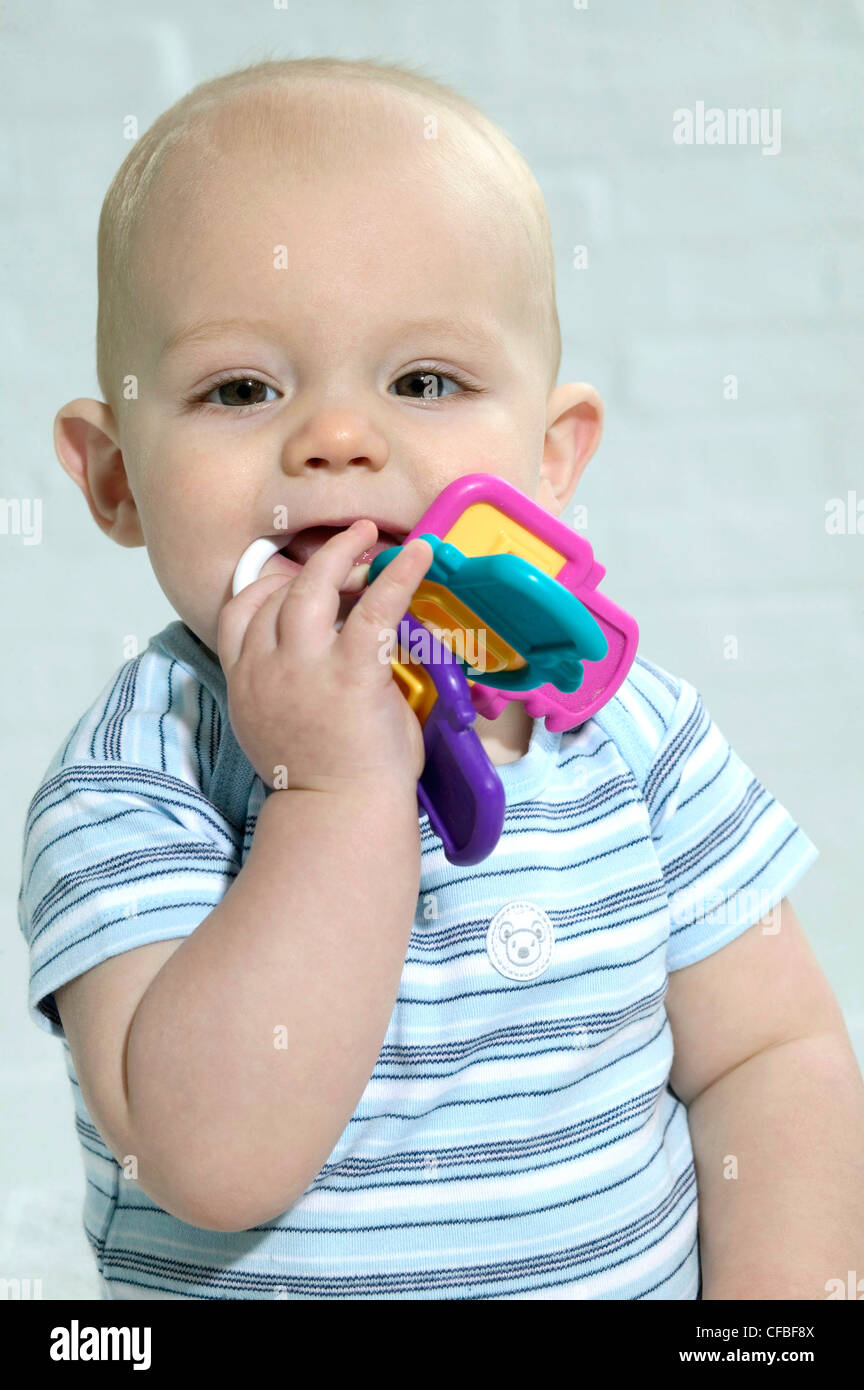 Male baby wearing blue striped top, holding colourful toy to mouth ...