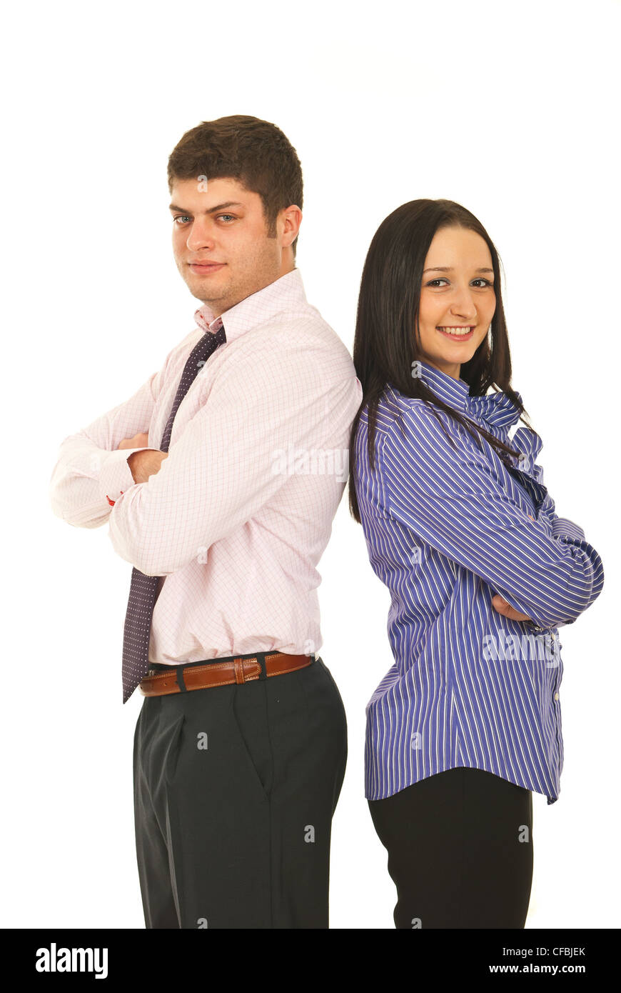 Young business team people standing back to back with hands crossed ...