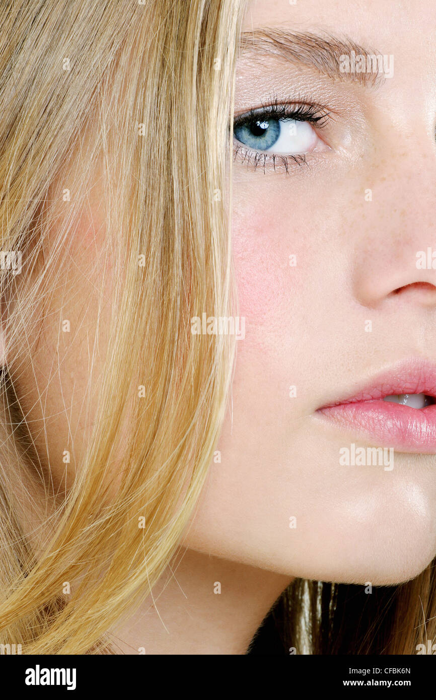 Female Dark Blonde Hair Blue Eyes Natural Looking Make Up Stock