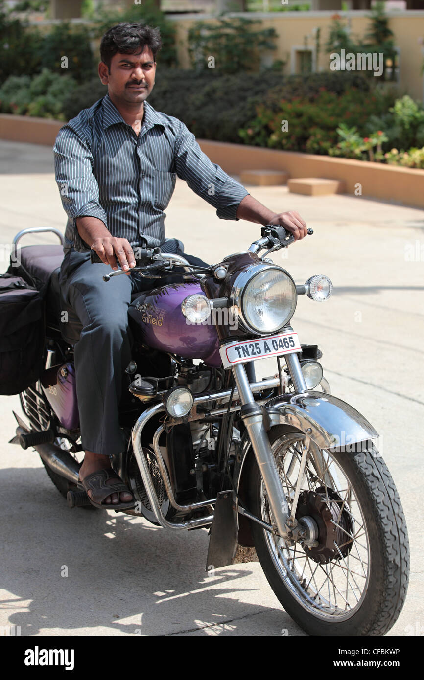 Indian man riding an Royal Enfield diesel Bullet Andhra Pradesh South ...