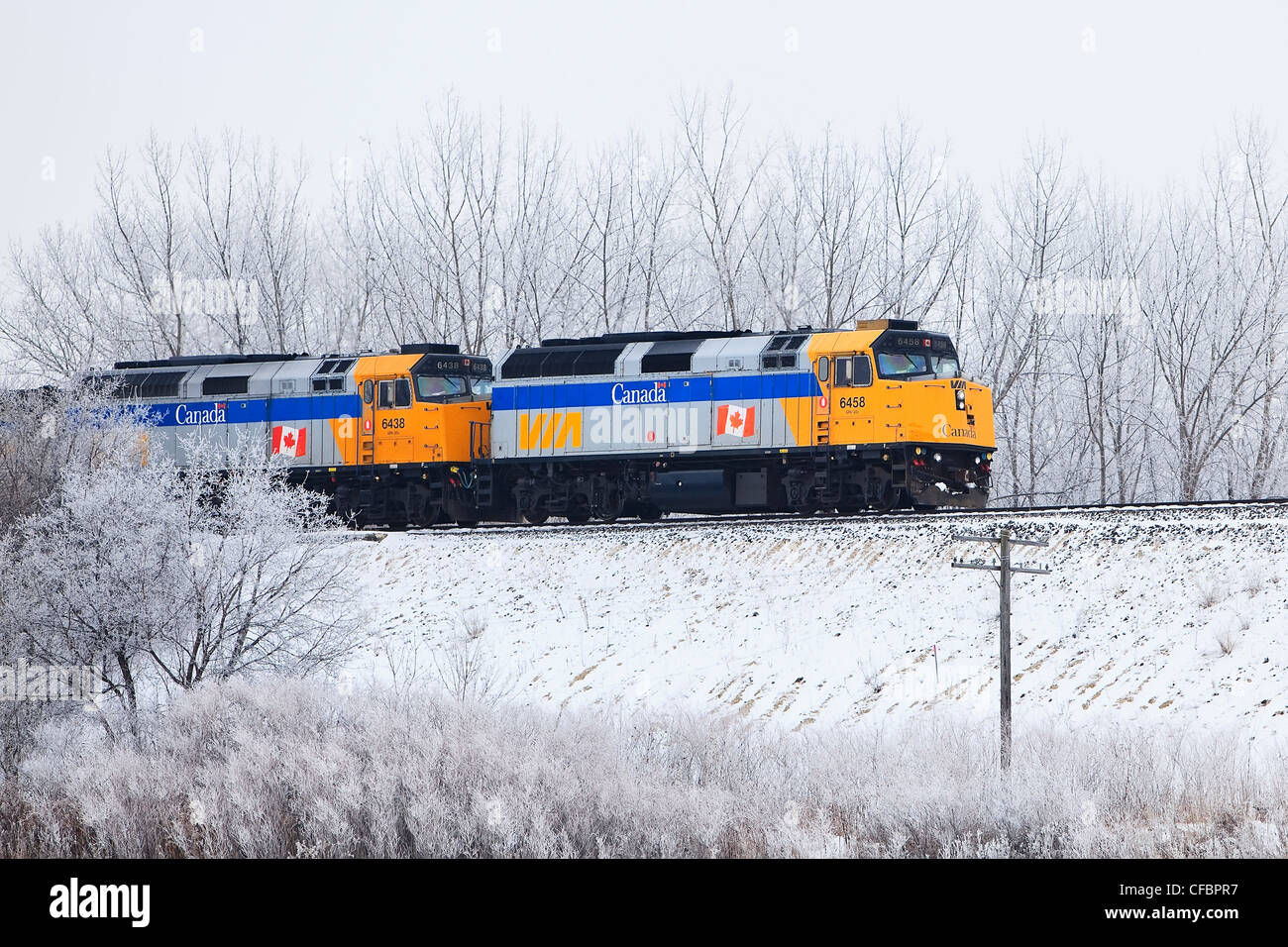Via Rail train locomotives in winter. Winnipeg, Manitoba, Canada Stock ...