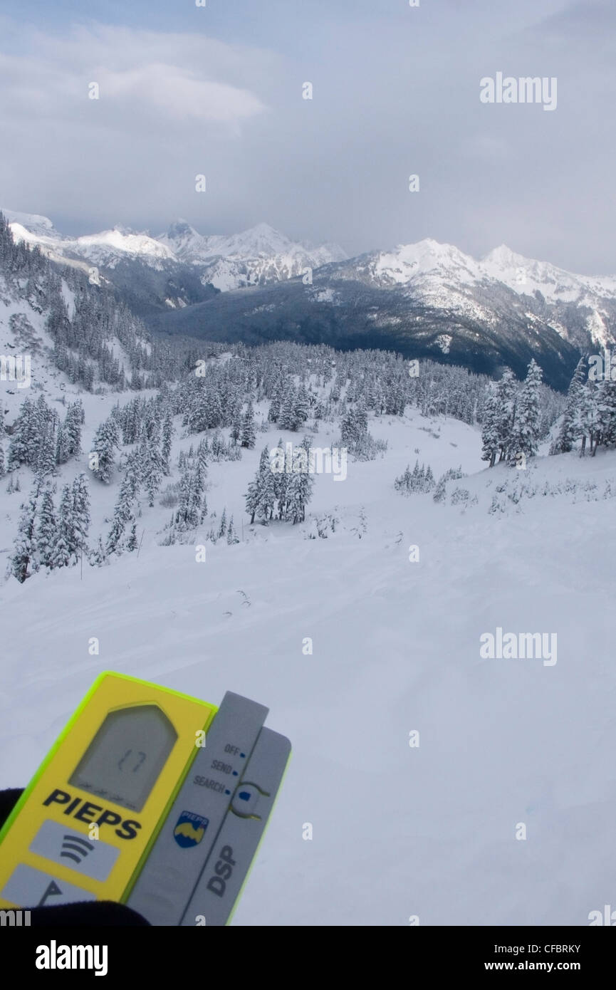 Testing an avalanche transceiver in the backcountry behind Mt Baker ski ...