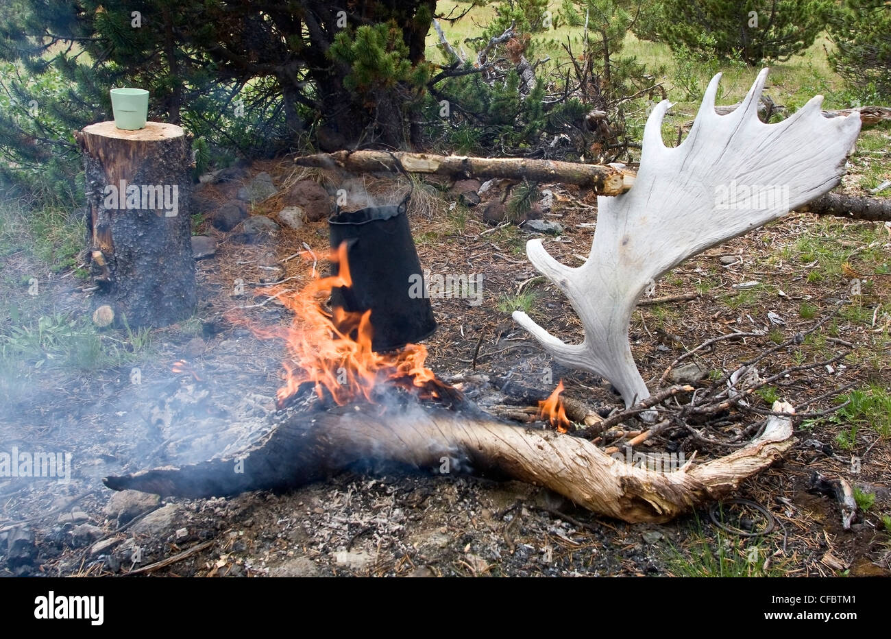 Camp fire on a trail ride through the Itcha Mountains in British ...