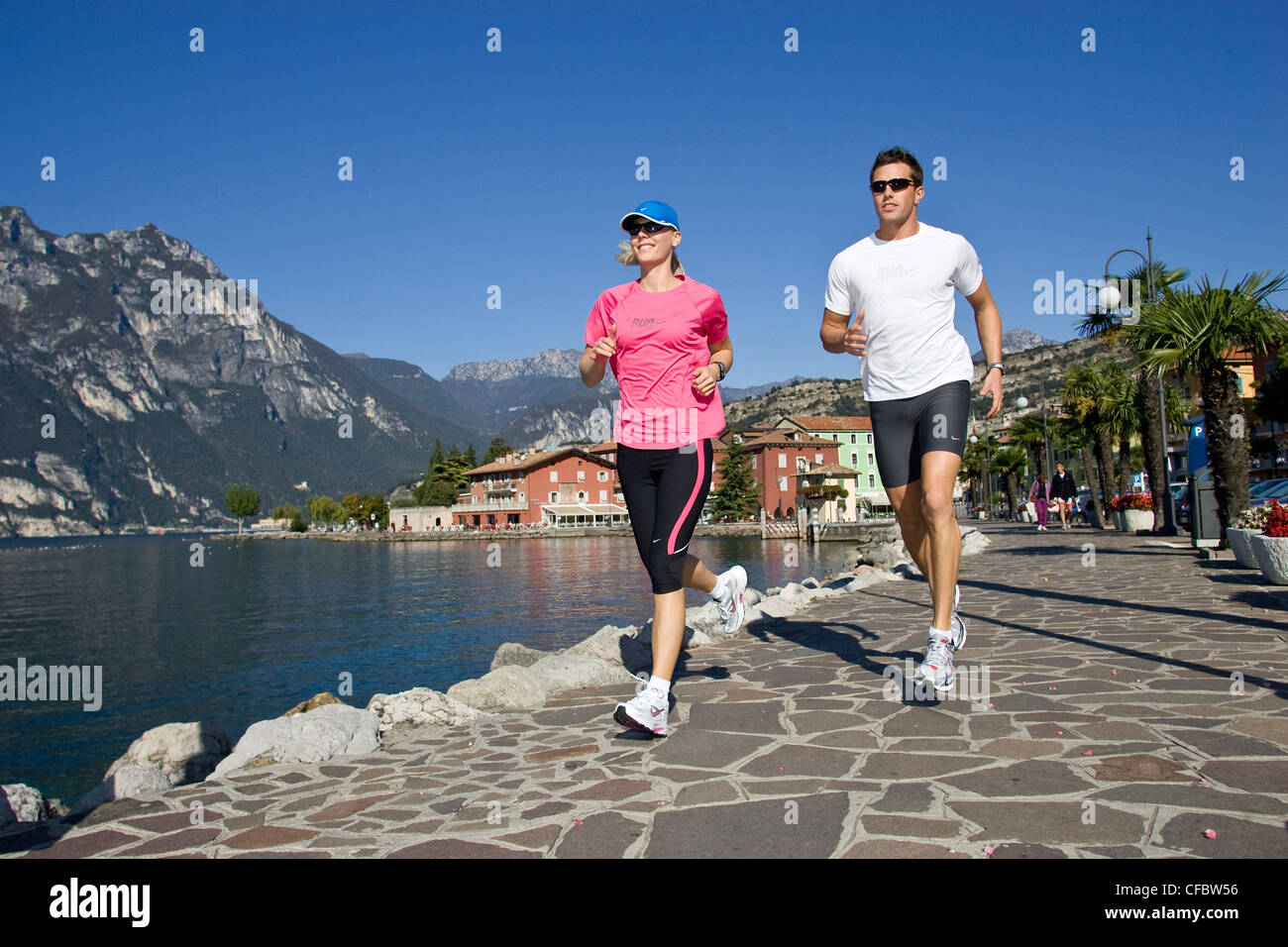 Man, woman, running, lake Garda, Running, rest, fitness, health, couple ...