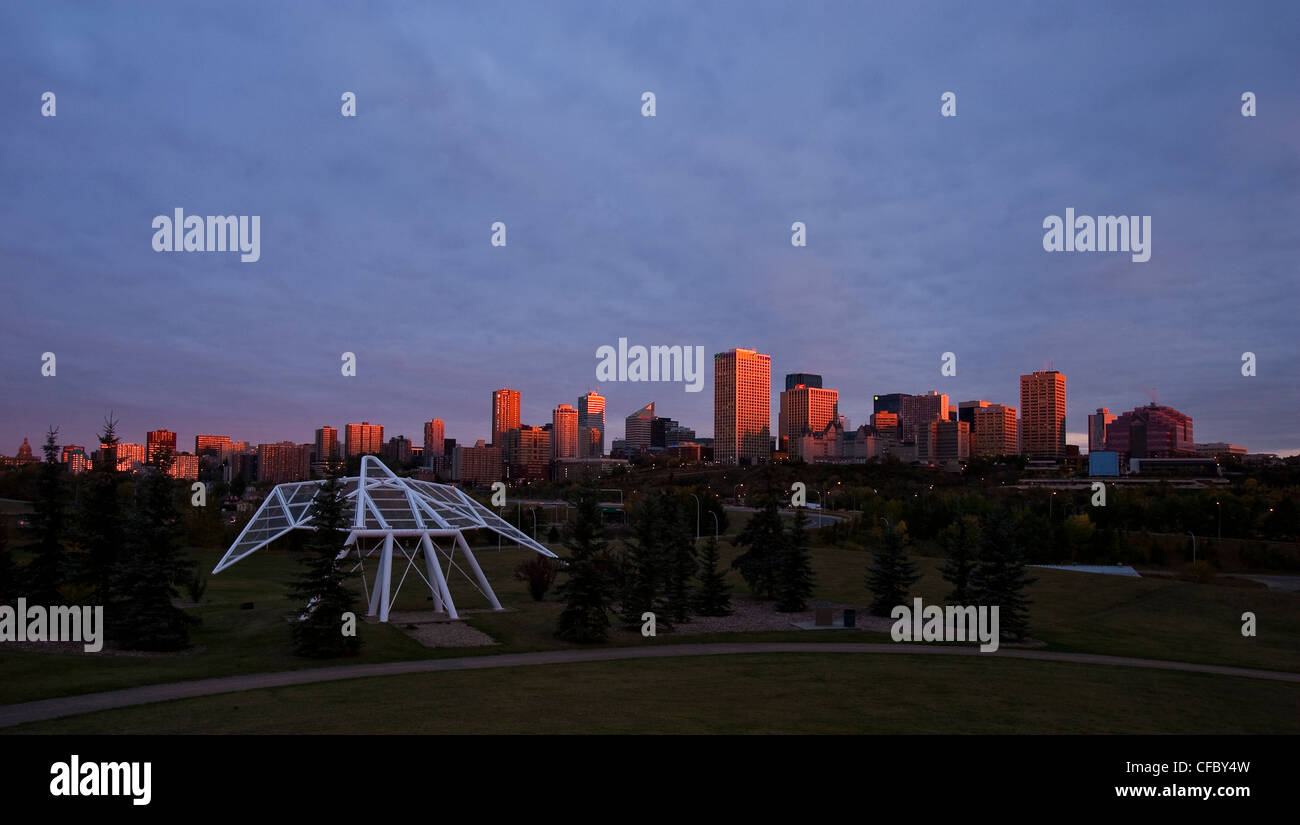 Downtown Edmonton and Dove of Peace sculpture at sunrise, Edmonton ...
