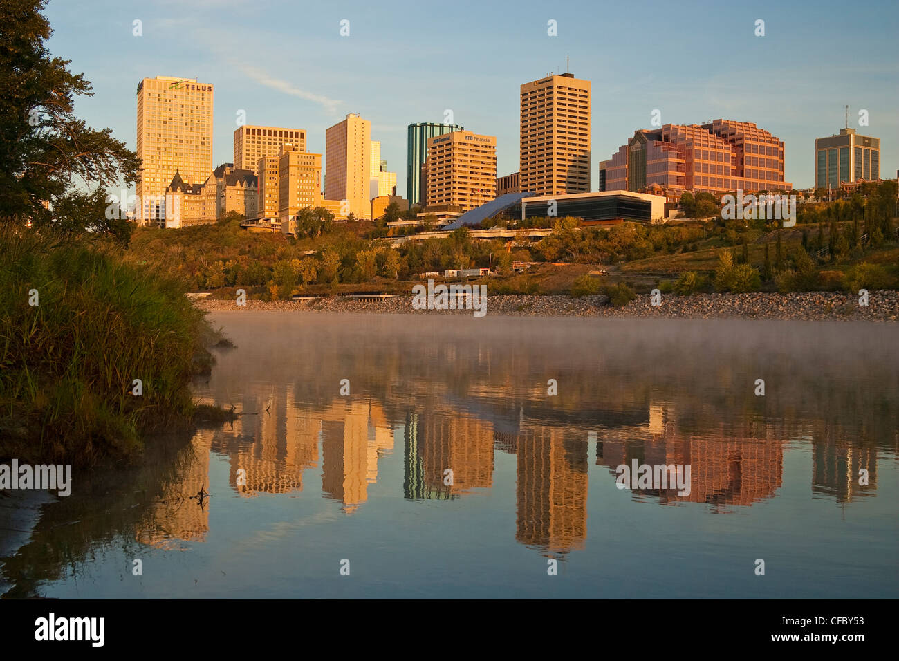 Downtown Edmonton and North Saskatchewan River at sunrise, Edmonton ...
