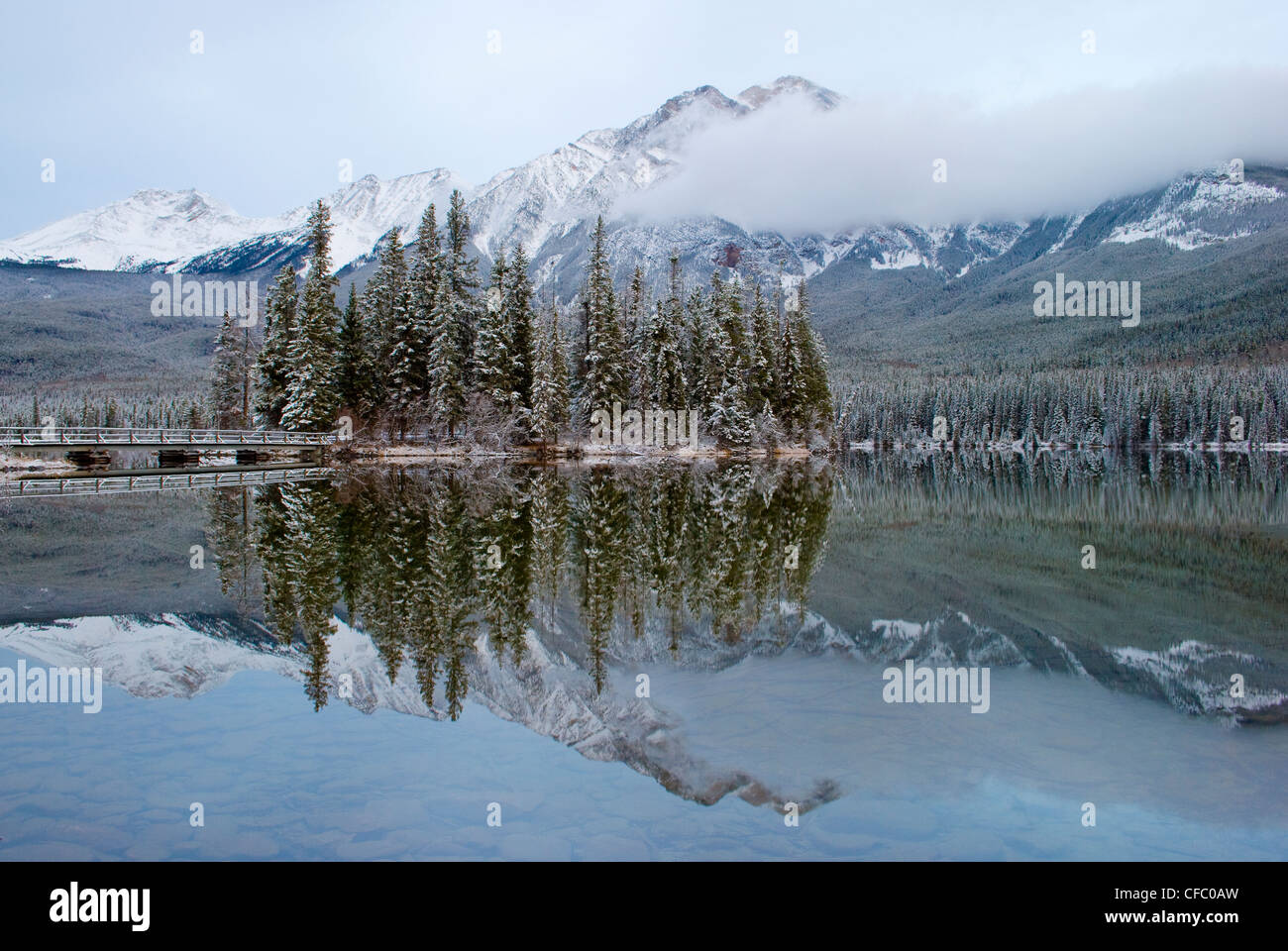 Pyramid Island after first snow of the season, Pyramid Lake, Jasper ...