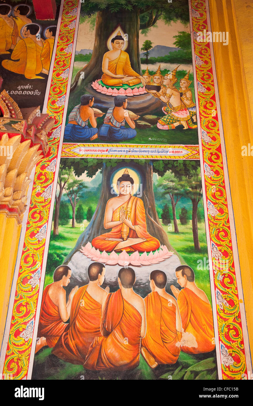 Laos, Vientiane, Pha That Luang, Main Worshipping Hall, Wall Paintings ...