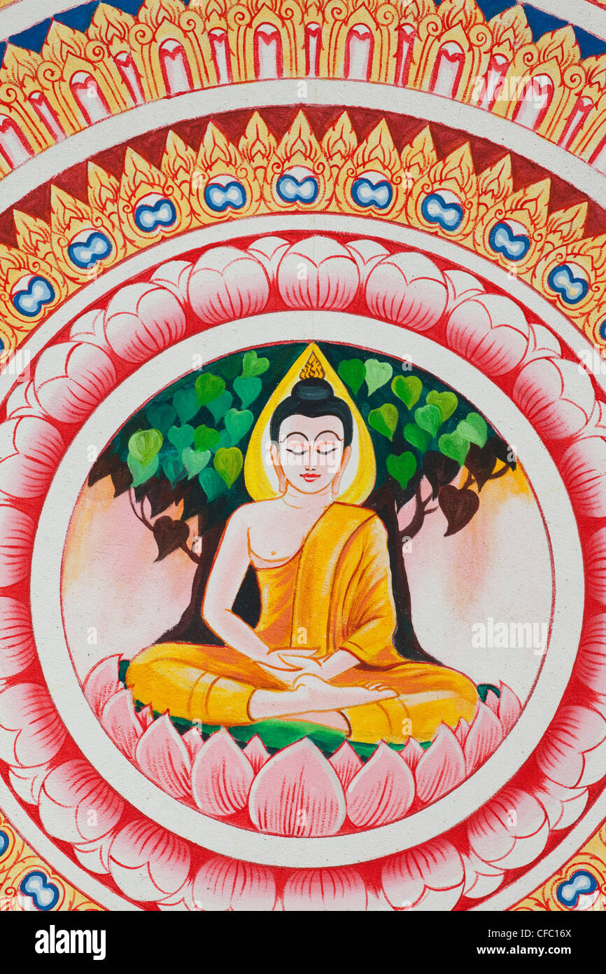 Laos, Vientiane, Pha That Luang, Main Worshipping Hall, Wall Paintings ...
