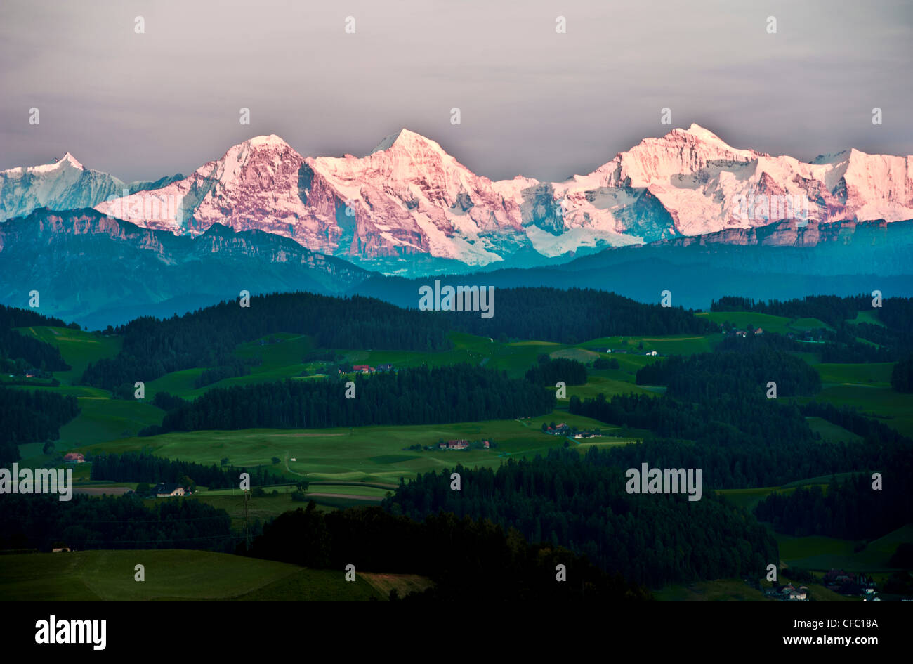 mountain chain, mountain range, farm, farmhouses, Bernese Alps, Eiger ...