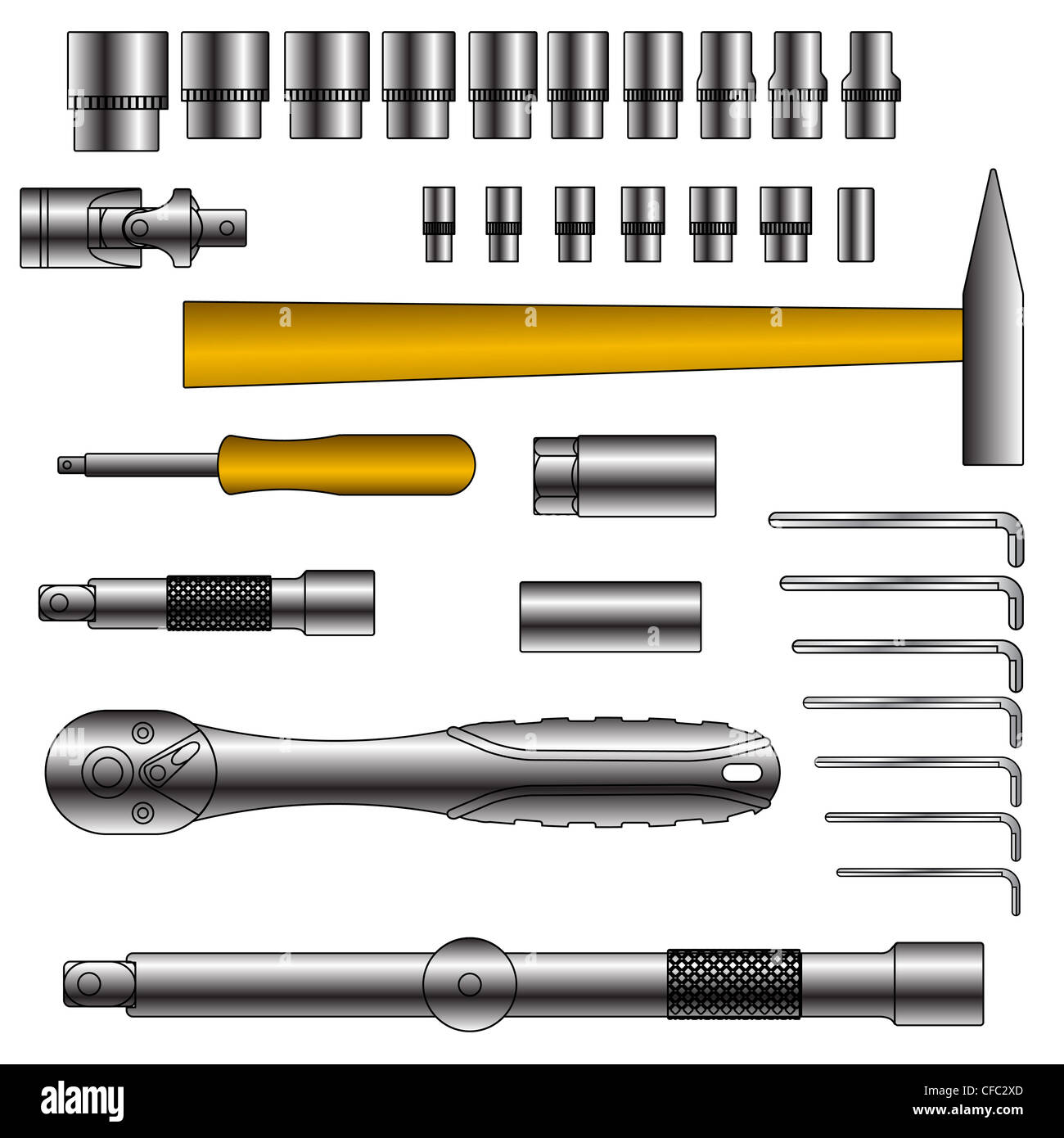 set of different tools over white background Stock Photo - Alamy