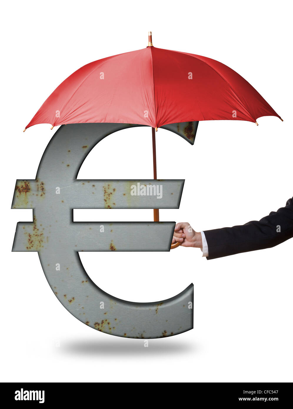 Man holding red umbrella over rusty Euro sign - EU currency protection ...