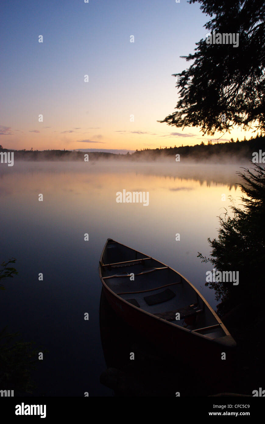 Canoe at dawn on the shore of sawyer lake, Algonquin park, Ontario ...