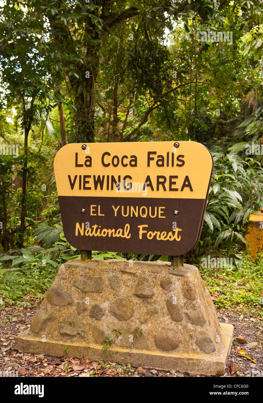 EL YUNQUE NATIONAL FOREST, PUERTO RICO - La Coca Falls sign Stock Photo ...