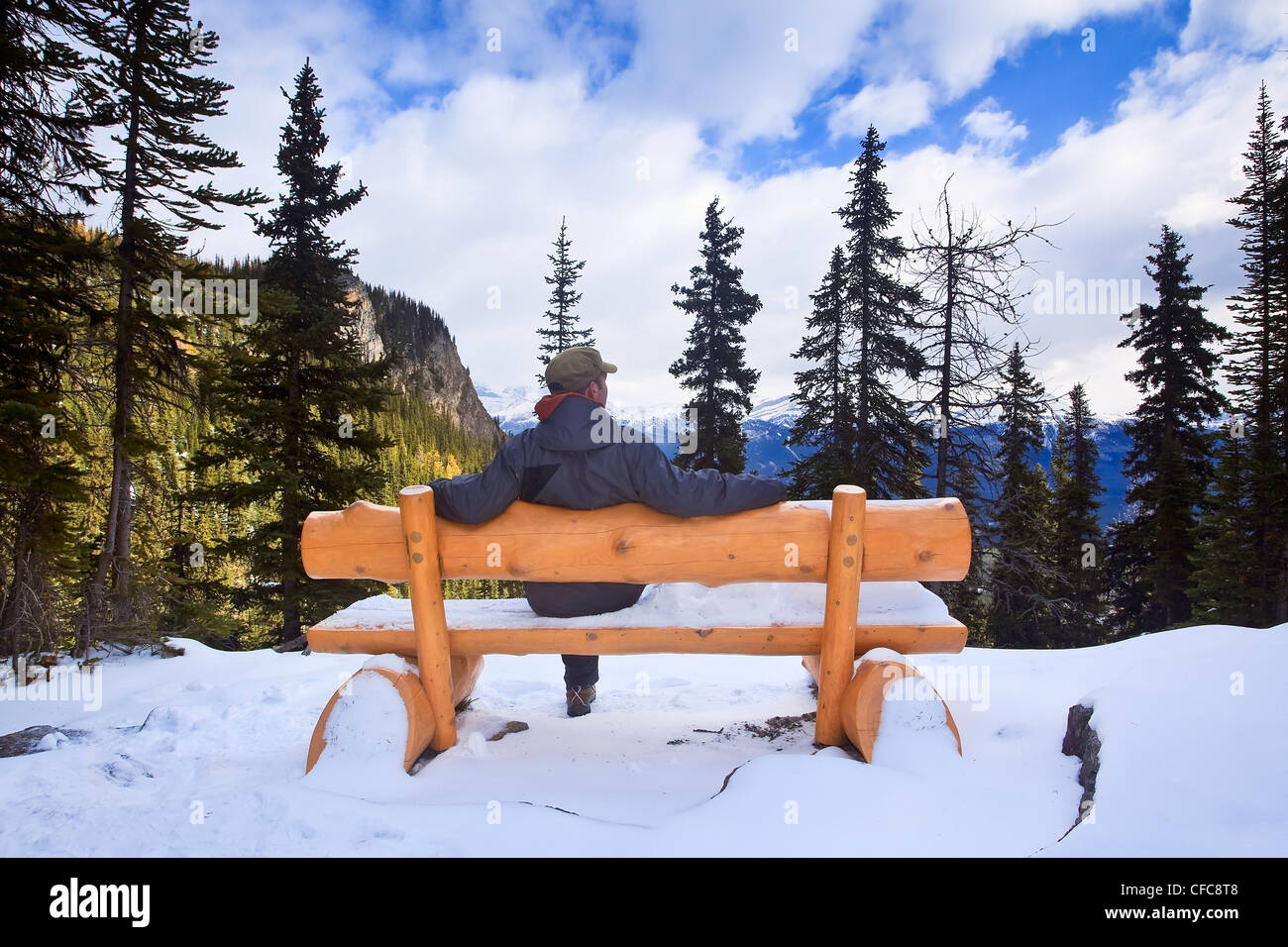 Man sitting log bench overlooking Valley Lake Stock Photo - Alamy