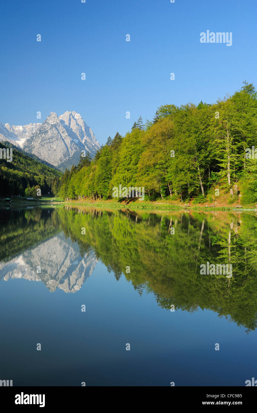 Zugspitze range with Waxenstein reflecting in lake Riessersee ...