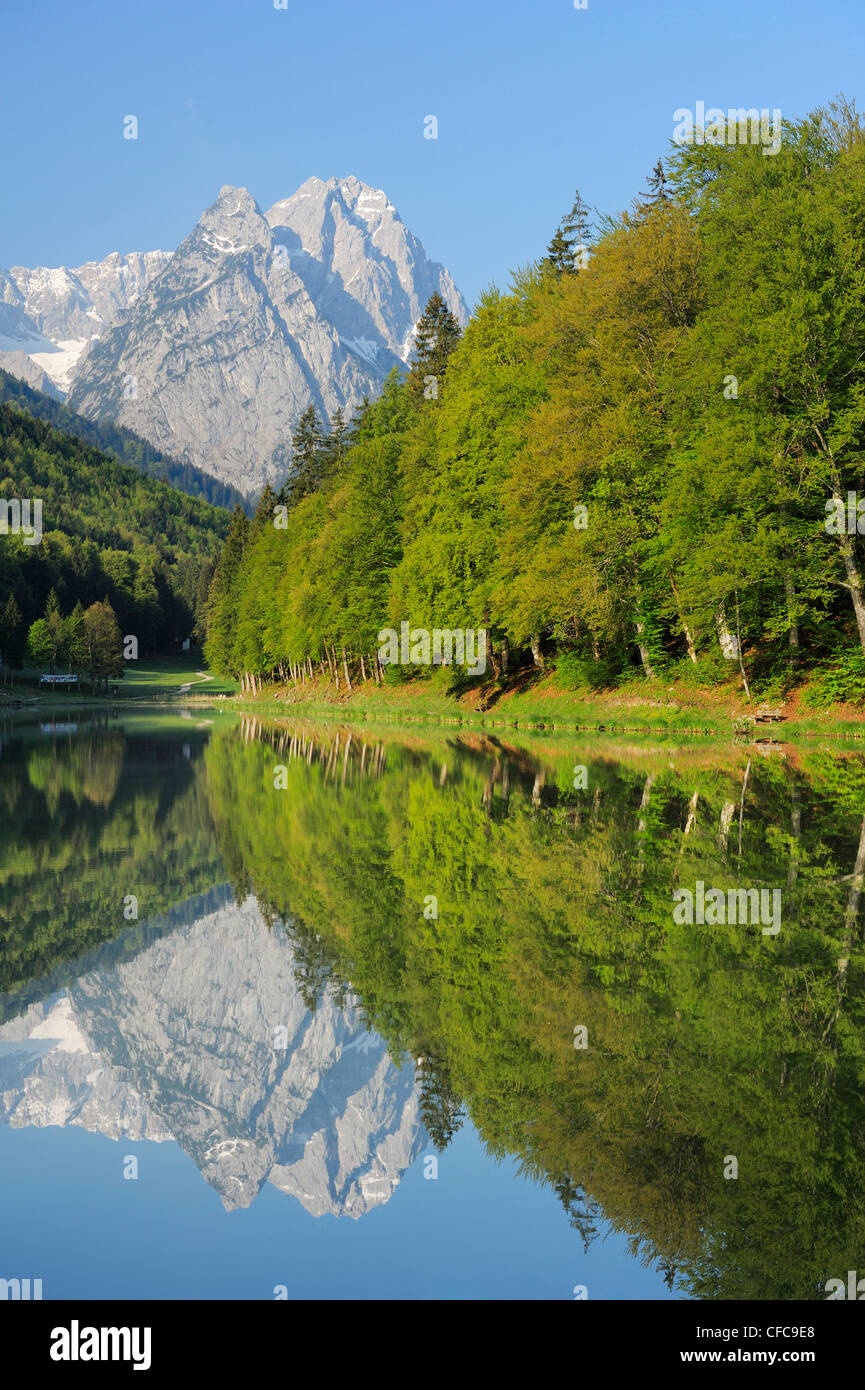 Zugspitze range with Waxenstein reflecting in lake Riessersee ...
