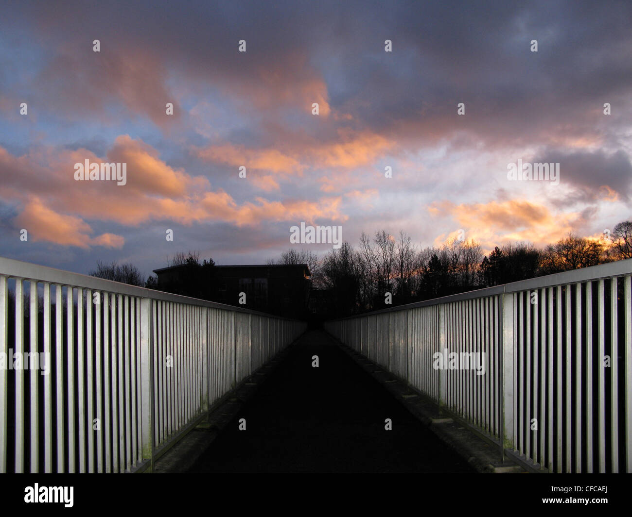 A footbridge with iron handrails heading towards houses, with a ...